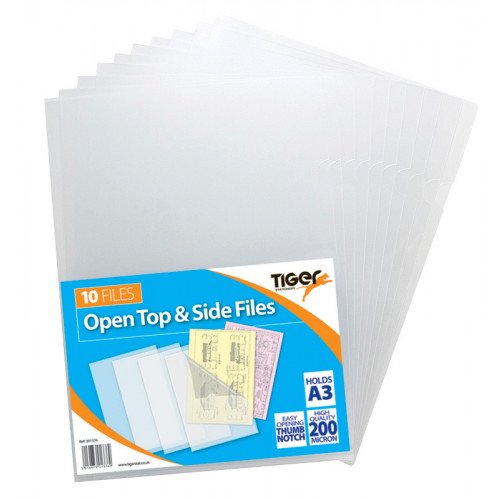 Tiger Stationery - A3 Pack 10 Open Top & Side Clear