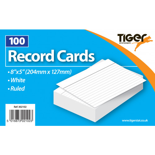 Tiger Stationery - Record Cards White Ruled 8x5" 204x127mm 100Sh