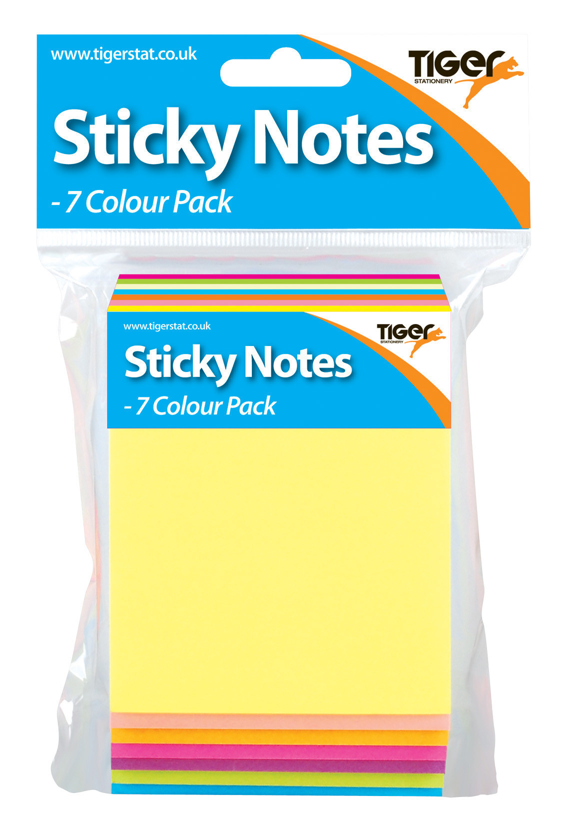 Tiger Stationery - 7 Neon Colour Sticky Notes Pad - Hang Pack