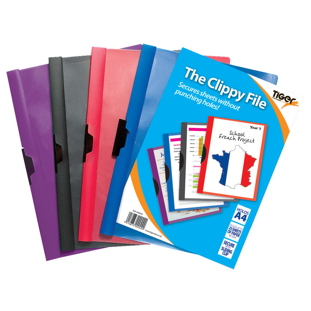 Tiger Stationery - A4 Clippy File Assorted