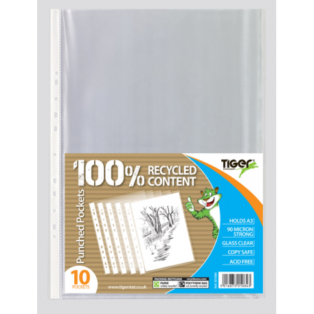 Tiger Stationery - A3 Pack 10 Portrait Punched Pockets