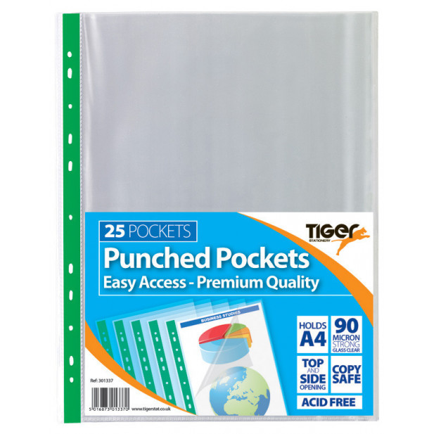 Tiger Stationery - A4 Pack 25 Easy Access Punched Pockets