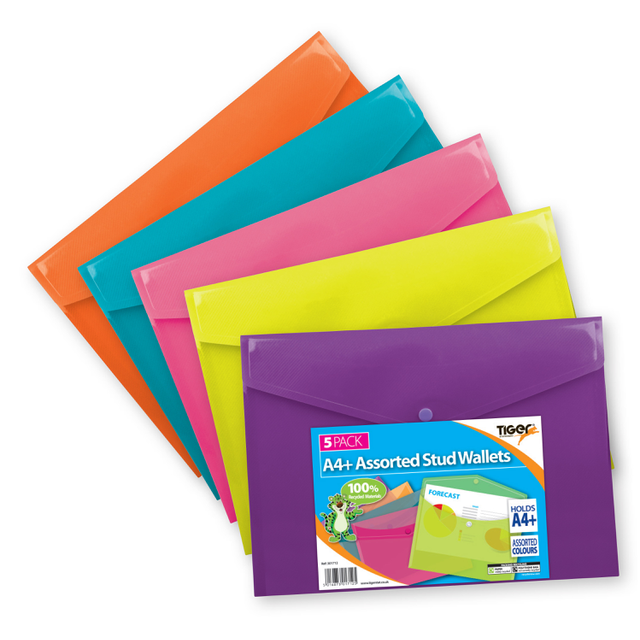 Tiger Stationery - A4+ Pack 5 Stud Wallets Assorted
