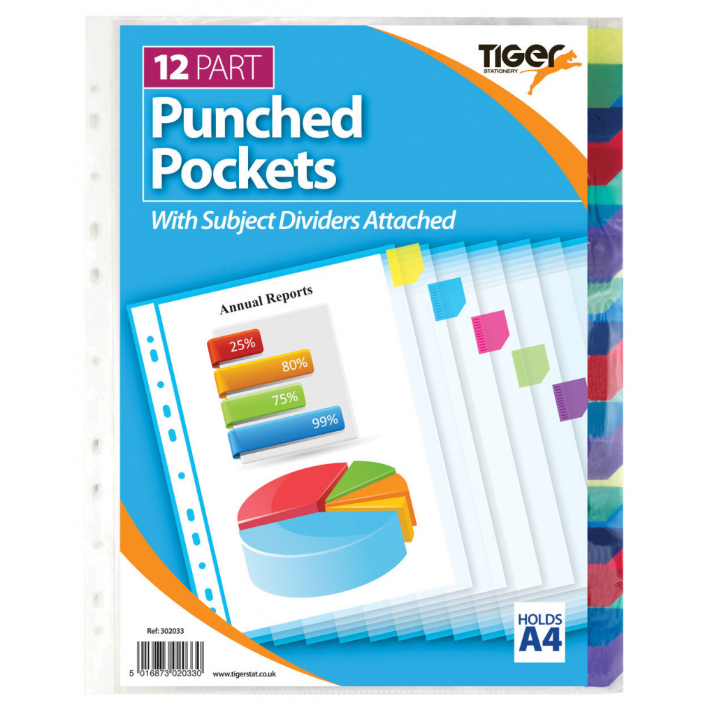 Tiger Stationery - A4 Pack 10 Tabbed Divider Punched Pockets