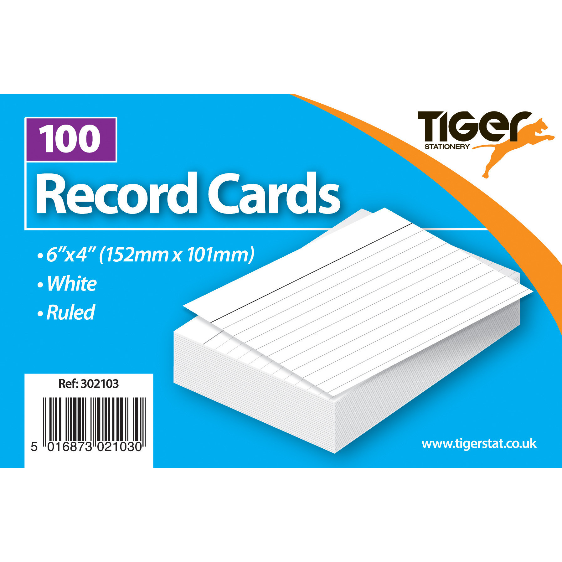 Tiger Stationery - Record Cards White Ruled 6x4" 152x101mm 100Sh
