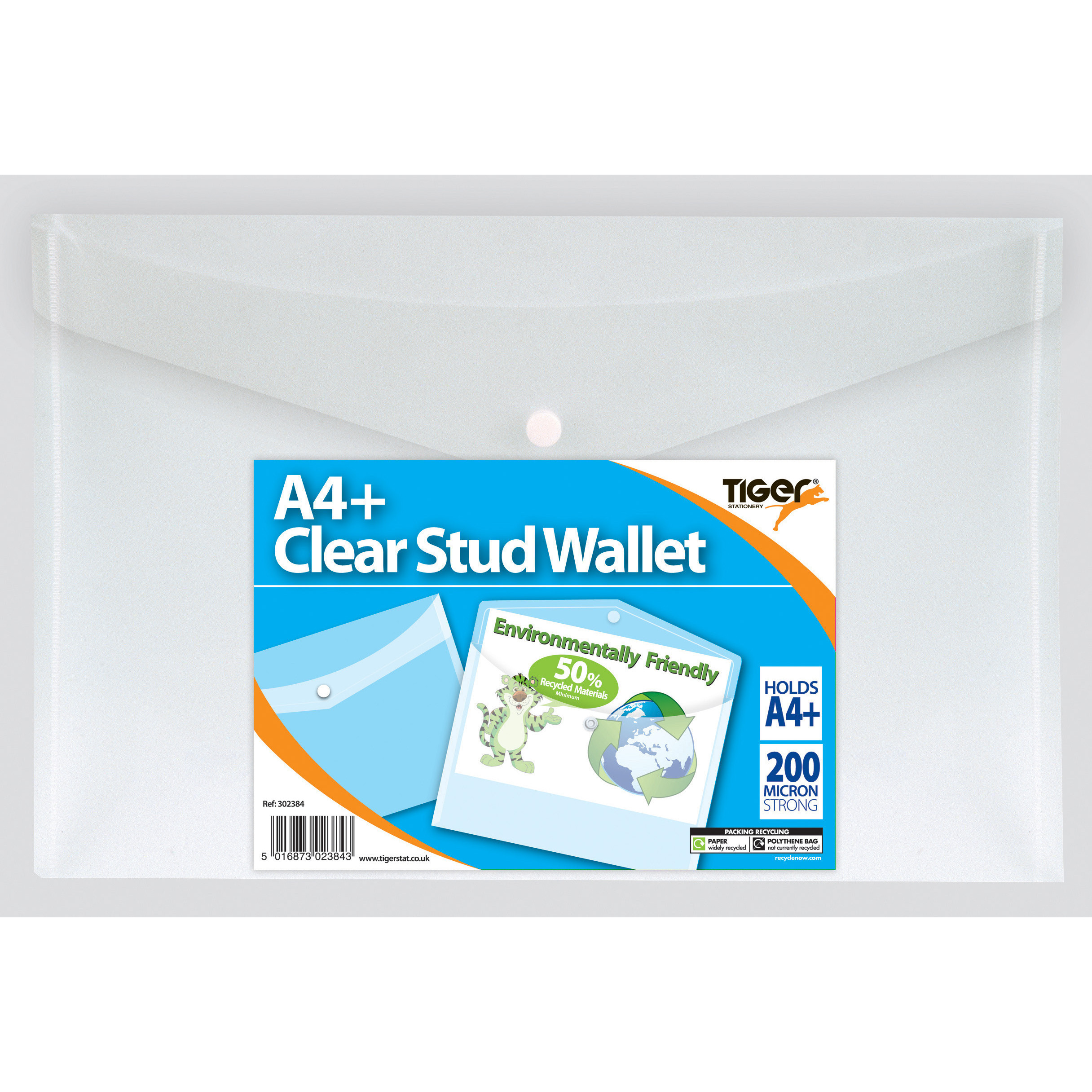 Tiger Stationery - A4+ stud wallet clear only 50% Recycled