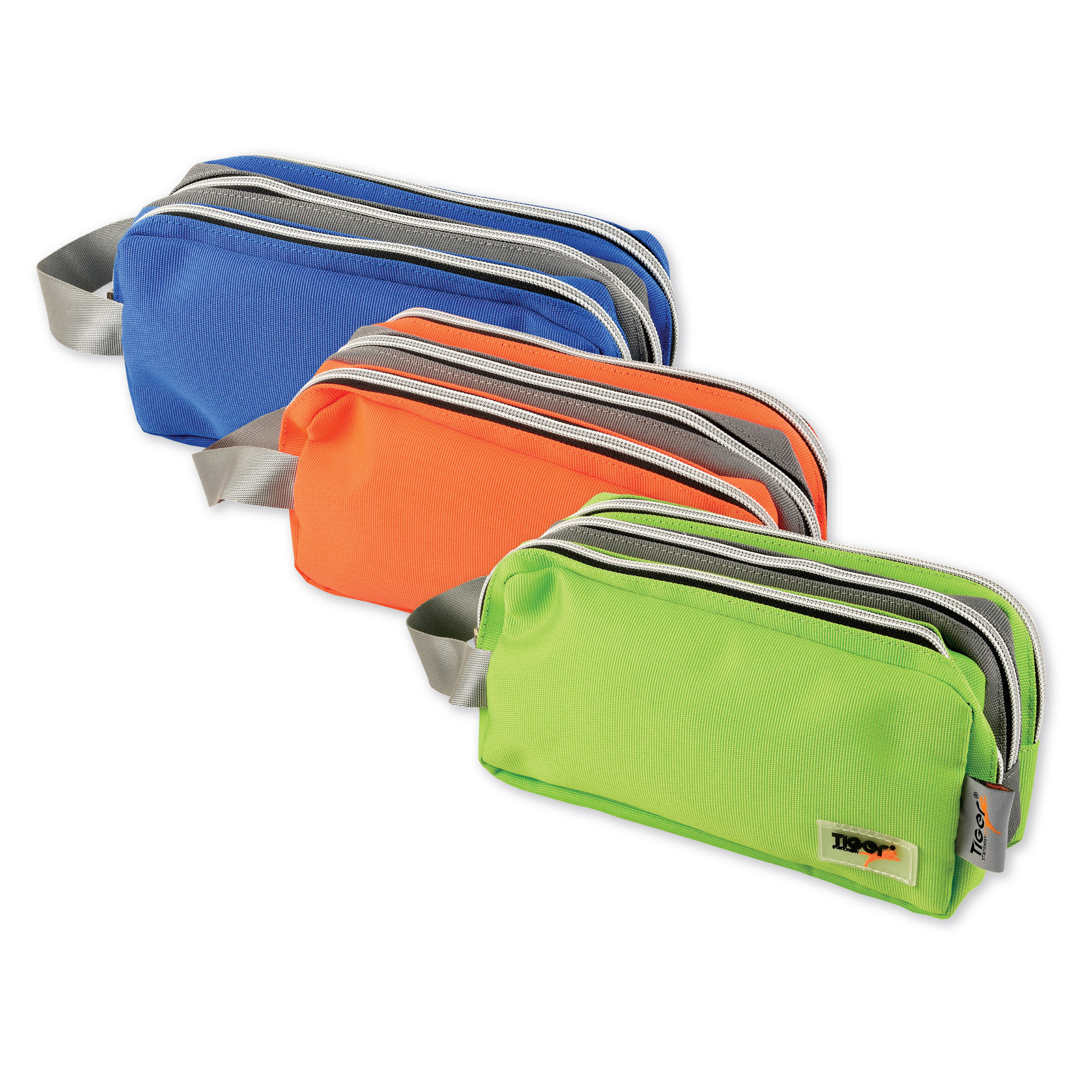 Tiger Stationery - Triple Zip Rectangular Pencil Case Bright cols Assorted
